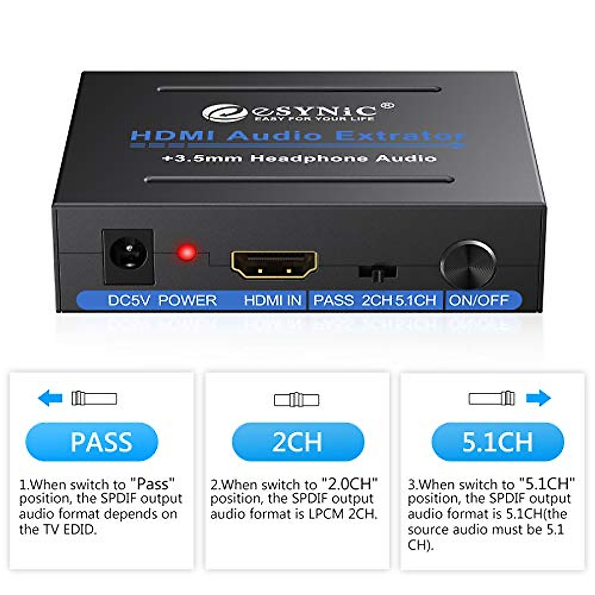 eSynic 4K HDMI Audio Extractor HDMI to HDMI + Optical TOSLINK SPDIF + Analog RCA L/R +3.5mm Jack Stereo Audio Video Splitter Converter with Power ON/Off Switch Support 4K Full HD1080p 3D
