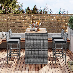 XD Designs 5-Pieces Outdoor Patio Bar Set, All-Weather PE Wicker Counter Height Dining Table Set, Acacia Wood Table Top, Comfort 4 Bar Chairs with Ergonomic Backrests, Footrest and Removable Cushion