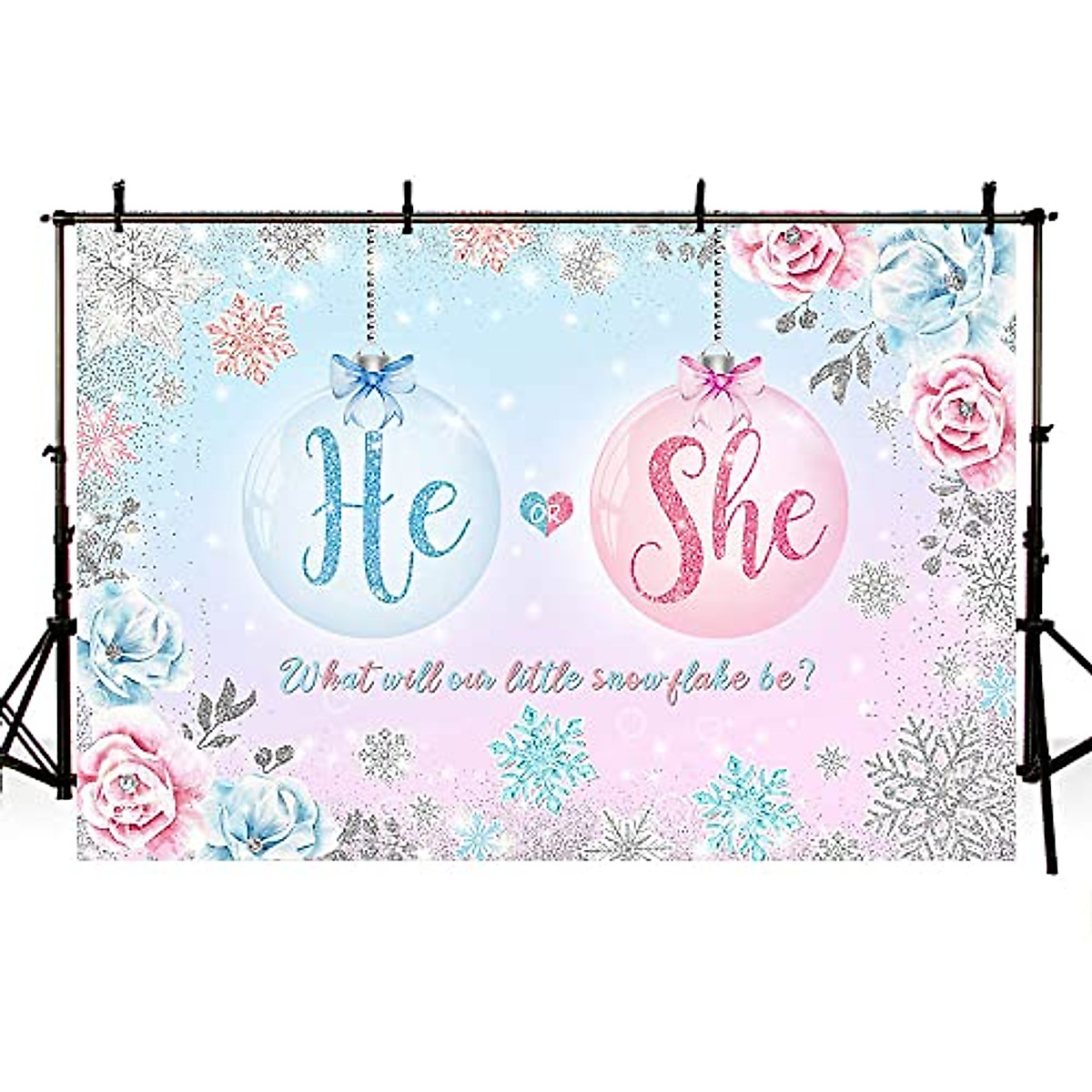AIBIIN 7x5ft Winter Snowflake Gender Reveal Backdrop Pink or Blue He or She What Will Baby Be Boy Girl Floral Photography Background Baby Shower Party Decoration Banner Supplies Photo Studio Props