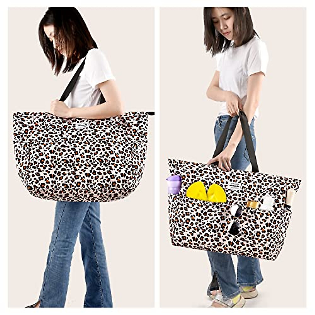 HOMESPON Large Waterproof Beach Bag for Women Sandproof Tote Bag Pool Bag with Zipper and Pockets for Travel Vacation Gym (Leopard Print)