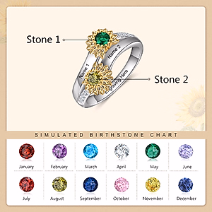 Lemefind Mothers Ring 925 Sterling Silver Personalized 2 Sunflower Birthstone Name Rings Mom Ring Mothers Day Gifts for Women Wife Mom Grandma (6-9 Size)