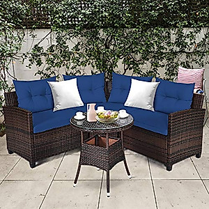 Tangkula 4-Piece Patio Furniture Set, C-Shape Outdoor Wicker Sectional Sofa Set, w/Cushions & Glass Coffee Table, Modern Deck Rattan Furniture for Garden Poolside Balcony (Navy Blue)