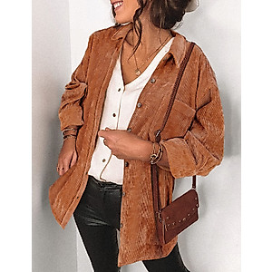 Saslax Womens Corduroy Shirt Long Sleeve Oversized Button Up V Neck Blouses Tops Loose Shacket Jacket with Pockets Burnt Oranage L