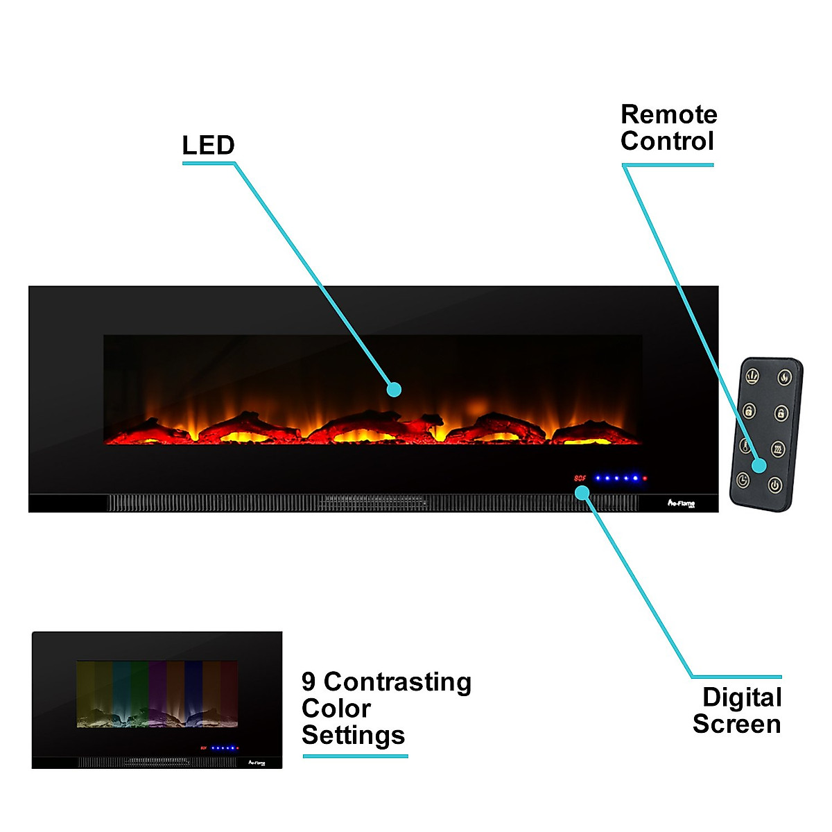 e-Flame USA Livingston 60-inch Wall Mount LED 3-D Electric Fireplace Stove with Timer and Remote - 3-D Log and Fire Effect