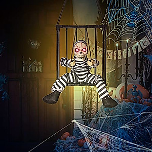 BINDUO Scary Halloween Decoration Outdoor Skull Decor with Motion Sensor Hanging Skulls Prisoner Cage Light Up Eyes Talking Spooky Spirit Halloween Animatronic Home Decor