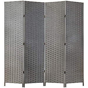 MyGift 4-Panel Room Divider - Vintage Gray Woven Seagrass Folding Private Panel Screens - Partition Wall Dividers, Room Separator, Temporary Wall Screen, 69 x 70-Inch