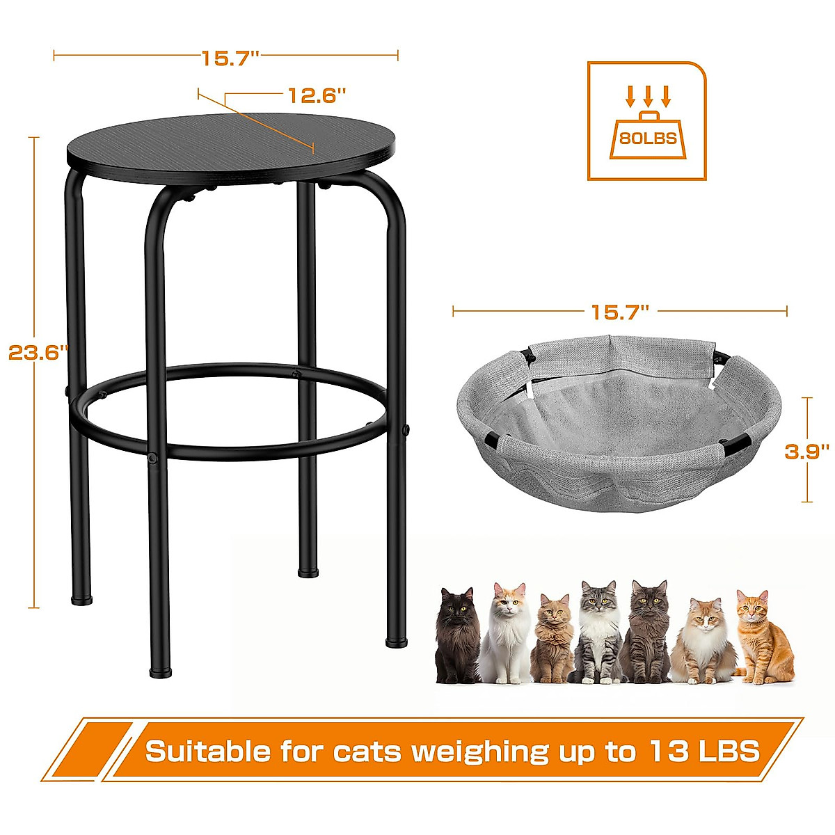 Memobarco End Table with Cat Hammock, Small Oval Side Table Night Stand, Bedside Tables with Fabric Basket and Metal Frame for Living Room and Small Spaces - Black