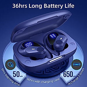 GOLREX Bluetooth Headphones Wireless Earbuds 36Hrs Playtime Wireless Charging Case Digital LED Display Over-Ear Earphones with Earhook Waterproof Headset with Mic for Sport Running Workout Blue