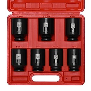 EMENTOL 7PCS 1/2"Drive Deep 6-Point Spindle Axle Nut Impact Socket Set, CR-MO, 1/2" Drive Deep Impact Socket Set, 1-3/8 Inch - 1-3/4 Inch