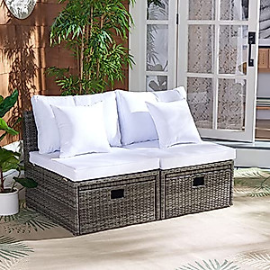 SAFAVIEH Outdoor Collection Pramla Grey Brown/White Cushion Settee with Storage Ottoman (Set of 2) PAT7515C