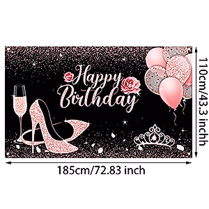 Happy Birthday Backdrop Fabric Glitter Rose Pink Birthday Background Banner Balloons Heels Wine Glass Photography Backdrop Birthday Party Decorations for Women Girls Birthday Supplies, 6 x 3.6 Feet