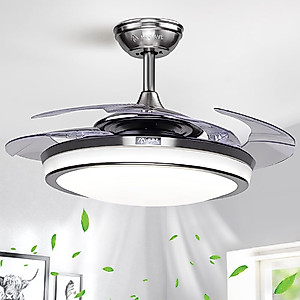 efperfect 48" Ceiling Fan Light Polished Chrome Clear Retractable Blades 3 Color Changes 3 Speeds LED Ceiling Fan with Remote Control for Living Room Bedroom Restaurant Kitchen