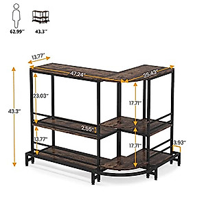 Tribesigns L-Shaped Home Bar Unit, 3-Tier Liquor Bar Table with Storage and Footrest, 43.3" Tall Wine Bar Stand Pub Bar Table for Liquor and Glasses, Rustic Brown