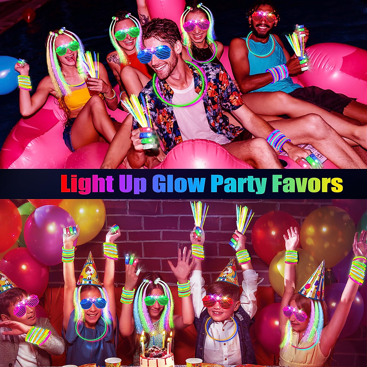 SHQDD158 PCS Glow in the Dark Party Supplies,14PCS LED Glasses, 30LED Finger Lights, 14LED Light Hairs and 100PCS Glow Sticks Bracelets, New year Party Favors for New Year, Wedding, Concert,Neon Party