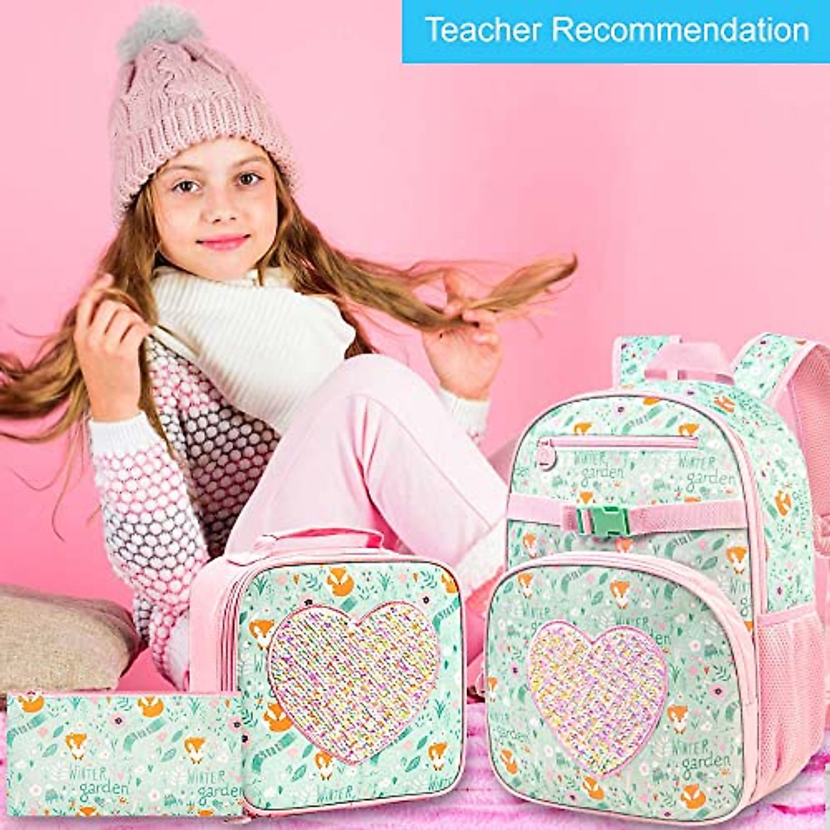 TXHVO 3PCS Kids Backpack for Girls, 16” Preschool Bookbag with Lunch Box, Cute Girl Sequin Backpacks for Elementary School