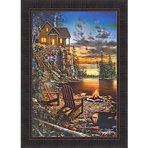 Summer Pleasures by Jim Hansel 24x33 Log Cabin Lake Campfire Adirondack Chairs Sunset Framed Art Print Picture