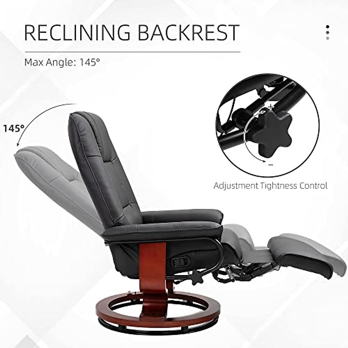 HOMCOM Faux Leather Manual Recliner, Adjustable Swivel Lounge Chair with Footrest, Armrest and Wrapped Wood Base for Living Room, Black