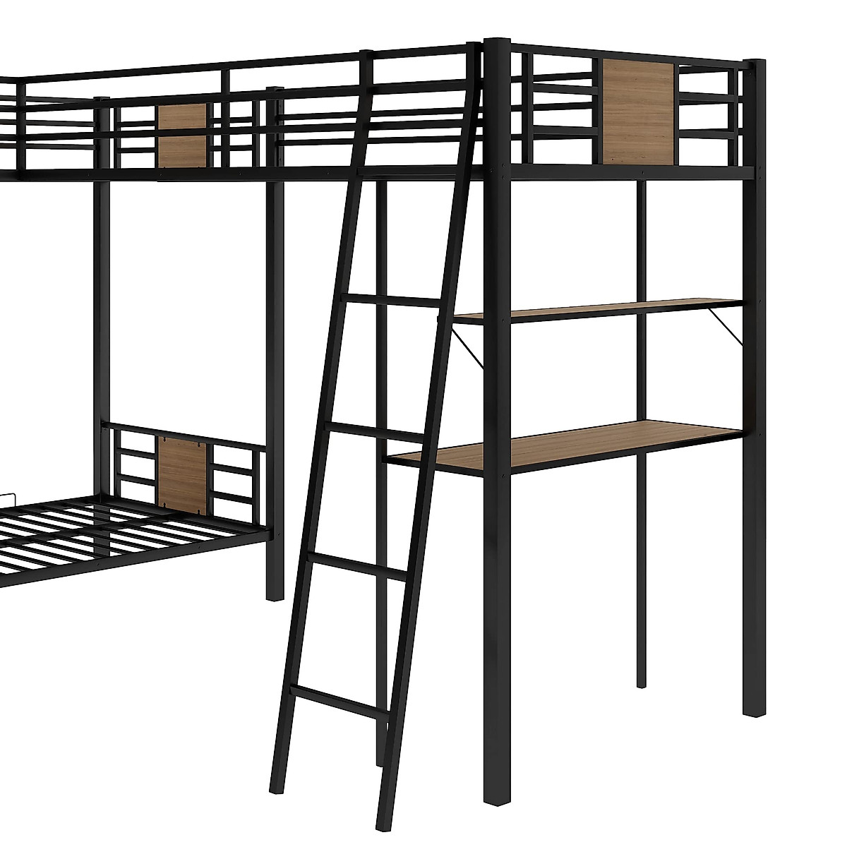 GLORHOME Twin-Over-Twin Triple Bed Metal Bunk Bed + Loft Bed with Desk and Shelf, Space Saving Bedroom Furniture