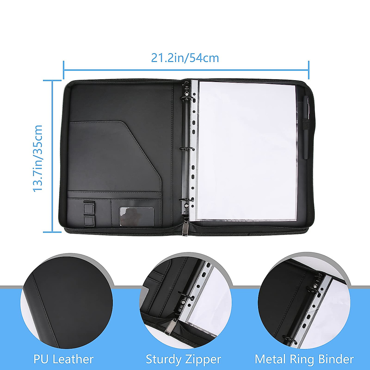 Laelr Zippered Portfolio 3 Ring Binder with 8 Pockes, Leather Business Padfolio with Zipper, A4 Document Binder Organizer for School Office