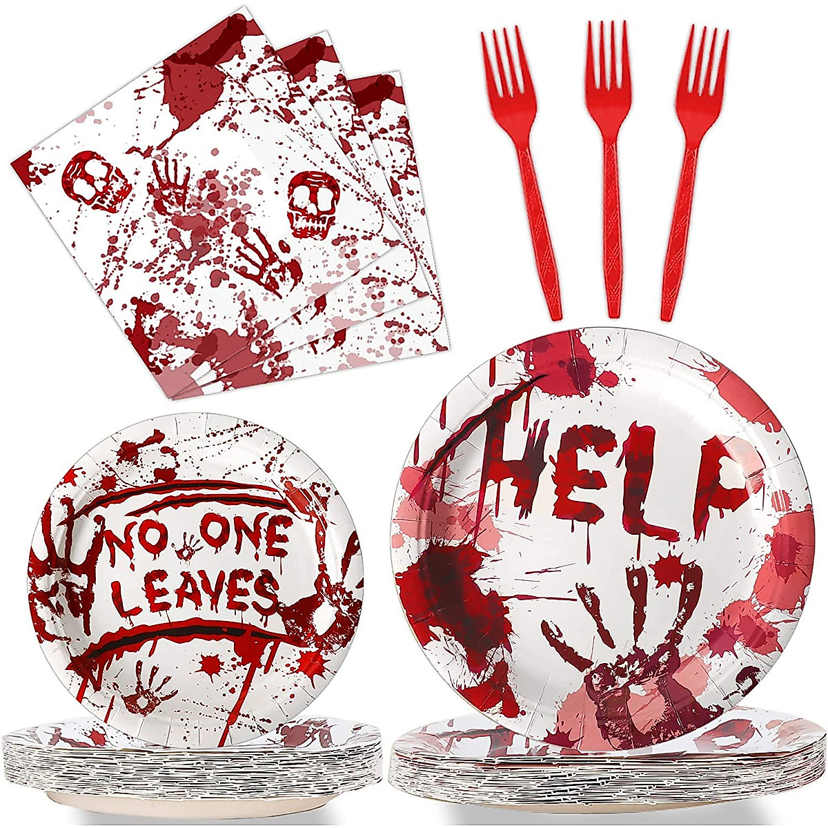96 Pieces Bloody Good Time Party Tableware Set Halloween Zombie Skull Bloody Party Table Decorations Halloween Party Supplies Table Decorations Paper Plates Napkins Forks for 24 Guests