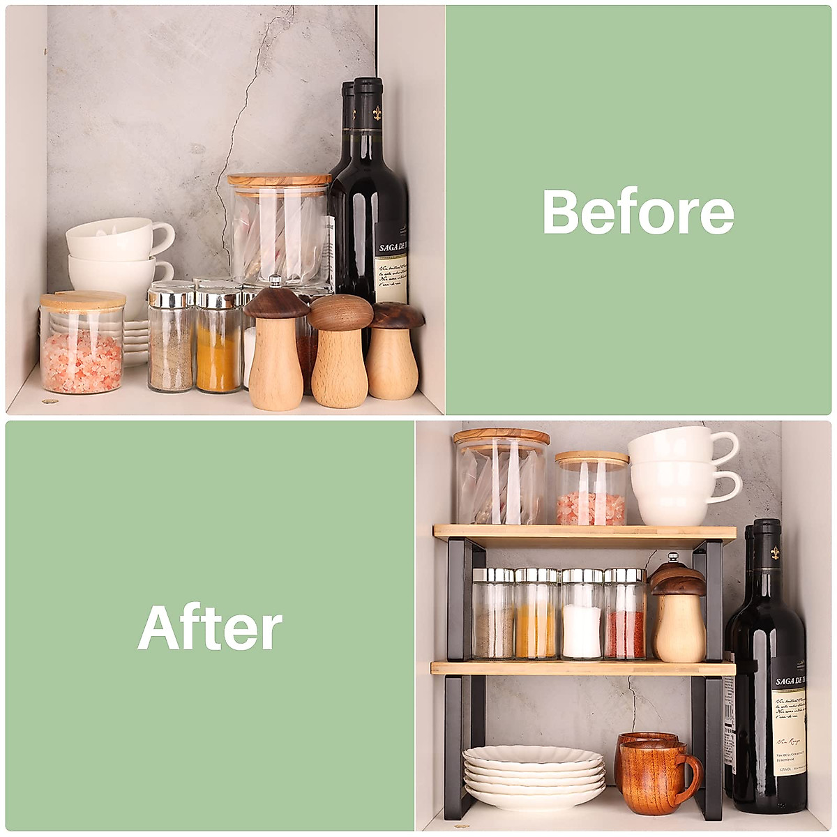 Kitchen Countertop Organizer Corner Shelf by Beardo,2 Tier Spice Rack Bamboo Counter Storage Shelves For Coffee Table, Desk Space Saving