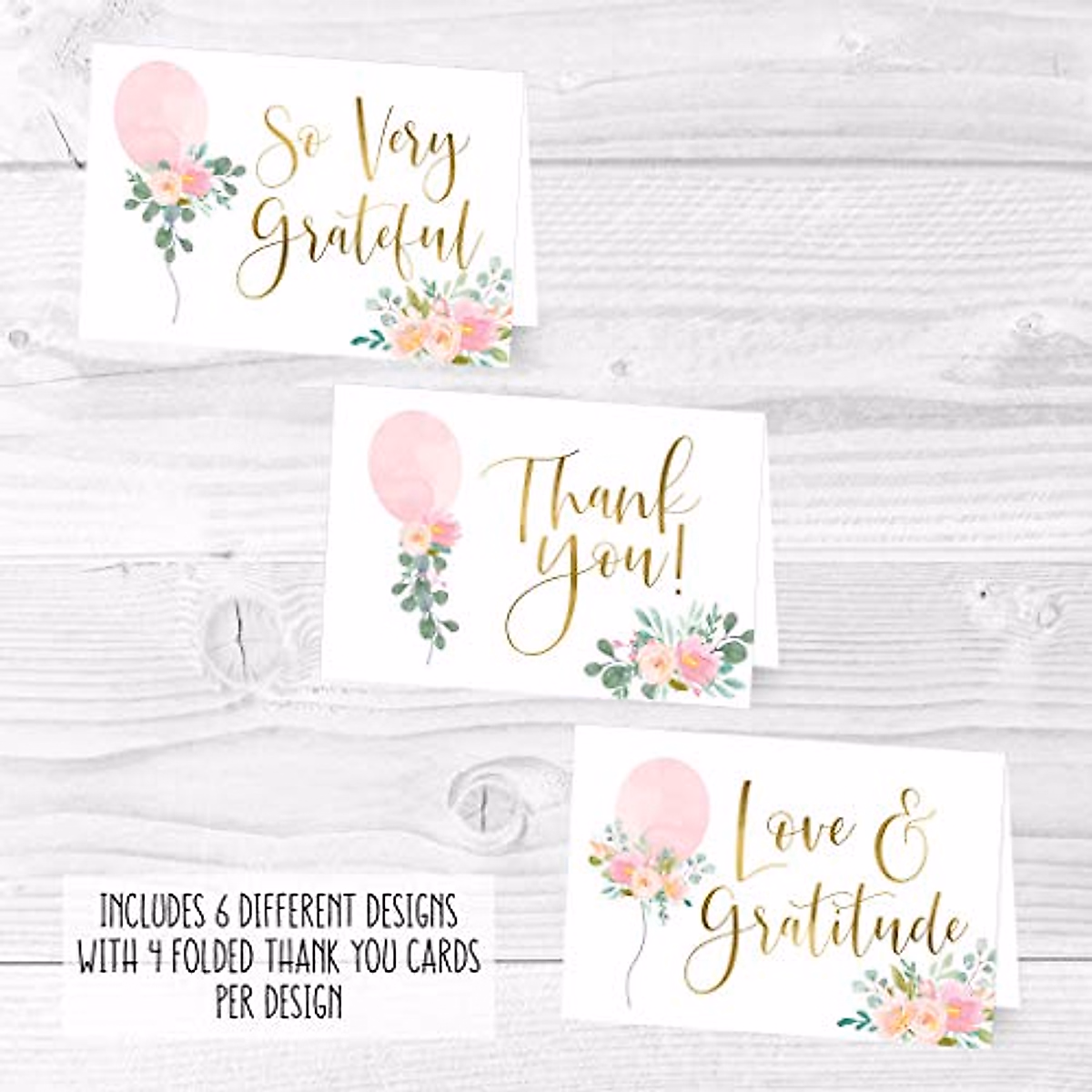 24 Pink Balloon Baby Shower Thank You Cards With Envelopes, Kids Thank-You Note, 4x6 Gratitude Card Gift For Guest Pack For Party, Birthday, For Girl Children, Cute Watercolor Blush Event Stationery