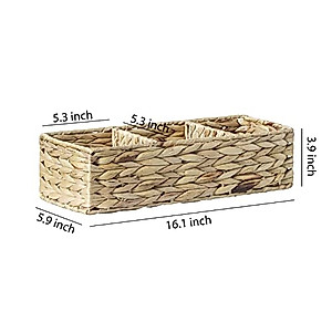 Motifeur Toilet Tank Top Storage - Bathroom Tray 3 Compartment Hand-Woven Water Hyacinth Wicker Basket