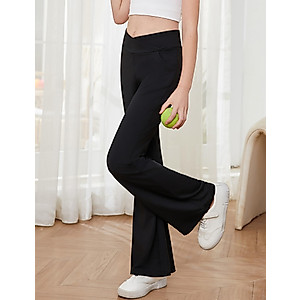 Zaclotre Girls Flare Leggings High Waisted V Crossover Casual Yoga Bell Bottoms with Pockets Pants for Kid Black