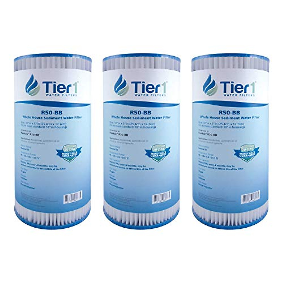Tier1 50 Micron 10 Inch x 4.5 Inch | 3-Pack Pleated Polyester Whole House Sediment Water Filter Replacement Cartridge | Compatible with Pentek R50-BB, 155053-43, SPC-45-1050, Home Water Filter