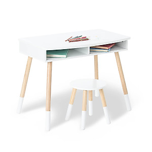 Wildkin Kids Premium Homework Desk with Storage and Stool Set for Boys and Girls, Includes One Matching Stool, Classic Timeless Design Features Solid Wood Legs (White w/Natural)