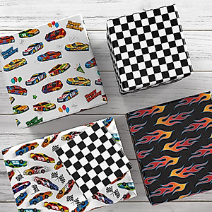 ZINTBIAL Race Car Wrapping Paper for Kids Birthday - Flames, Checkered Flags, Colorful Racing Cars and Happy Birthday Words Designs - 20 x 29 Inches, 8 Folded Sheets, Easy to Store…