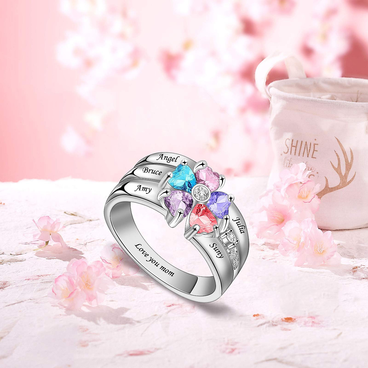 BAUMA AUTO Personalized Sterling Silver Mothers Rings with 5 Simulated Birthstones Rings for Mom Mothers Days Rings Family Name Rings for 5 Mother's Christmas Rings for Mom Friendship rings (Gold)