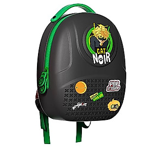 Miraculous Ladybug - Pop n' Swop Cat Noir Black Backpack with Green Handle, 6 Clip-on Badges and Zipper, Lightweight Durable Waterproof Bag with Adjustable Straps (Wyncor)