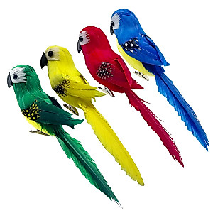LWINGFLYER 4pcs Realistic Artificial Parrot Birds with Feathers for Garden Decoration Home Decor (Assorted Colors Red & Yellow & Green & Blue)