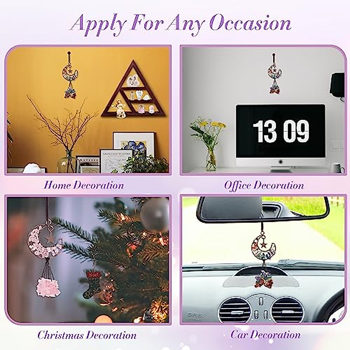 CrystalTears Chakra Stones Healing Crystal Moon Hanging Ornament Handmade 7Chakra Tree of life Wall Ornament Feng Shui Crystal Window Car Ornament for Meditation Home Office Christmas Decor Gift