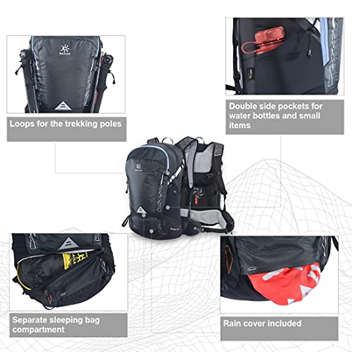 KAILAS 28L Hiking Backpack Men Women，Large Backpack with Rain Cover Camping Backpack，Waterproof Backpack for Men Women Black