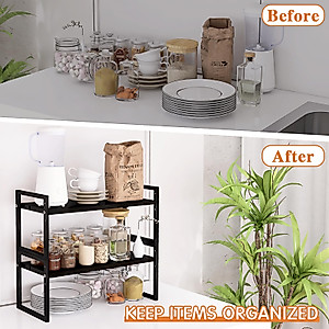 DOLALIKE Expandable kitchen Countertop Organizer, Stackable Cabinet Shelf Organizers, Space Saving Spice Rack Pantry Storage for Bathroom Office Organization (Black, 2 Pack)