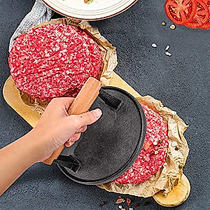 Burger Press Round 7 Inches Heavy Cast Iron Bacon Press with Solid Wood Handle for Kitchen & Commercial Gradee - Pre Seasoned Sandwich & Grill Press - Quesadillas, Hamburgers & Steaks