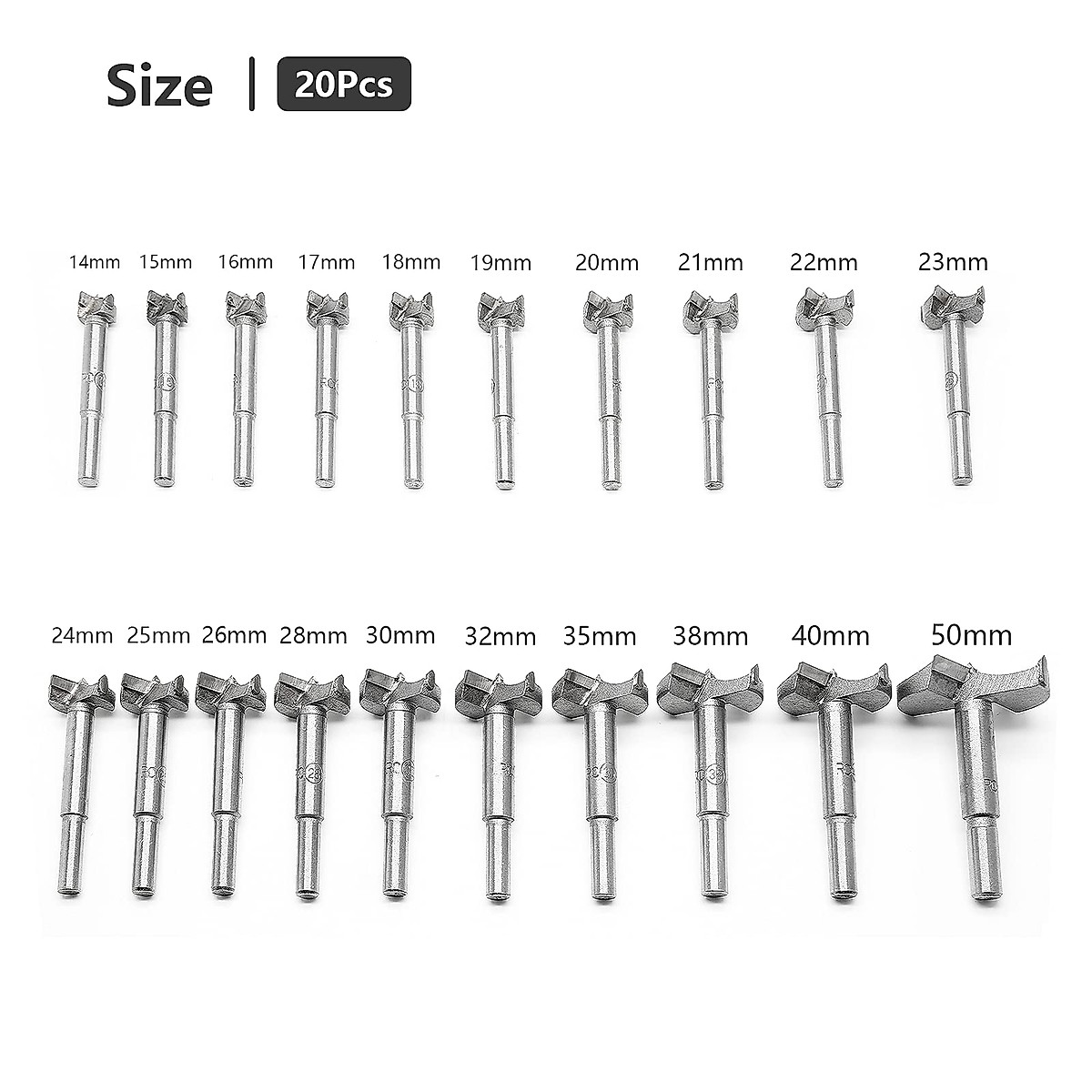 Bonsicoky 20Pcs Forstner Drill Bit Set 14-50mm, Carbide Woodworking Hole Saw Set, Flat Wing Counterbore Drill Bit Set with Plastic Storage Box for Wood Drilling