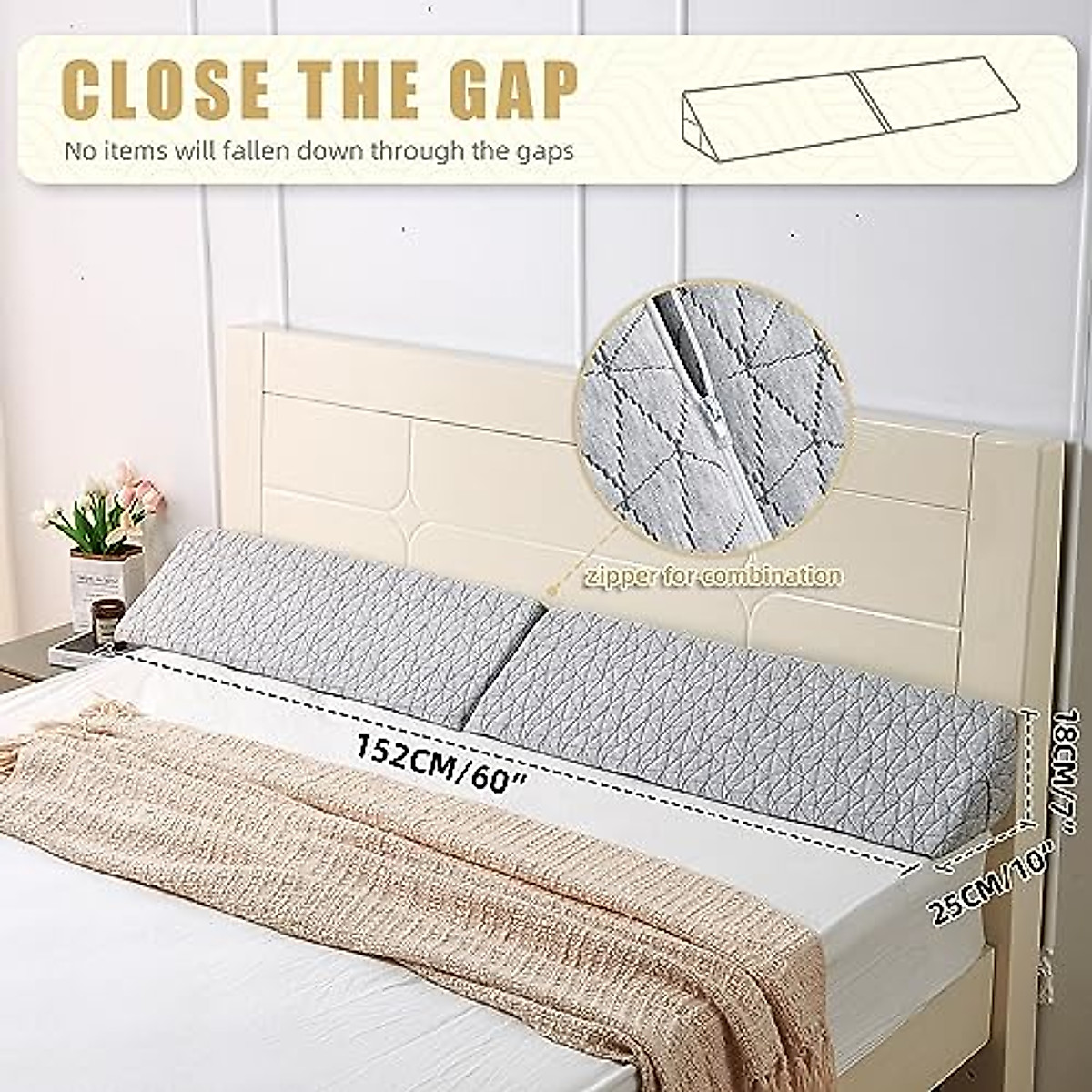 DECMAY Queen Bed Wedge Pillow for Headboard,Detachable Memory Foam Bed Gap Filler Queen Size,Close The Gap (0-7") for Headboard and Mattress(Gray,60 x10 x7In)