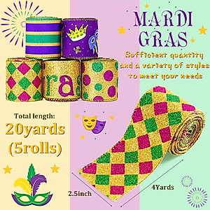 20 Yards Mardi Gras Wired Edge Ribbon Gold Green Purple Stripe Wired Edge Ribbon Harlequin Glitter Diamond Ribbon Glitter Metallic Wrapping Ribbon for Mardi Gras Masquerade Wedding Party Decoration