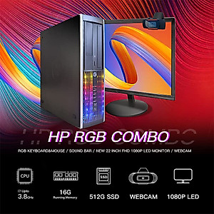 HP Elite RGB Desktop Computer PC, Intel Core i7 up to 3.8GHz, 16G RAM, 512G SSD, New 22 inch FHD LED Monitor, RGB Keyboard and Mouse, RGB BT Sound Bar, Webcam, WiFi, BT 5.0, Windows 10 Pro (Renewed)