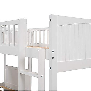 BOVZA Twin Over Twin L-Shaped Triple Bunk Beds with 2 Storage Drawers and 2 Ladders, Wood Bunk Beds with a Loft Attached for 3 Kids Teens, White