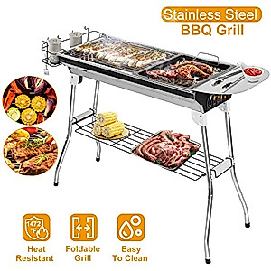 TeqHome Portable Charcoal Grill, Upgraded Folding Large Barbecue Charcoal Grill W/Board Shelf & Flavoring Storage Basket, Stainless Steel Frame, for 8 People Picnic Garden Terrace Camping Travel Use