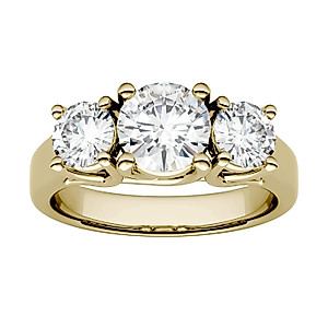 Charles & Colvard Created Moissanite 6.5mm Round Cut Three Stone Ring for Women | 2 cttw DEW | Lab Grown | Solid 14K Yellow Gold | Size 7