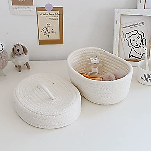 Atyhao Storage Bins,Desktop Storage Box with Lid Handmade Cotton Rope Storage Basket for Makeup Sundries Snack Needles (Milky White)
