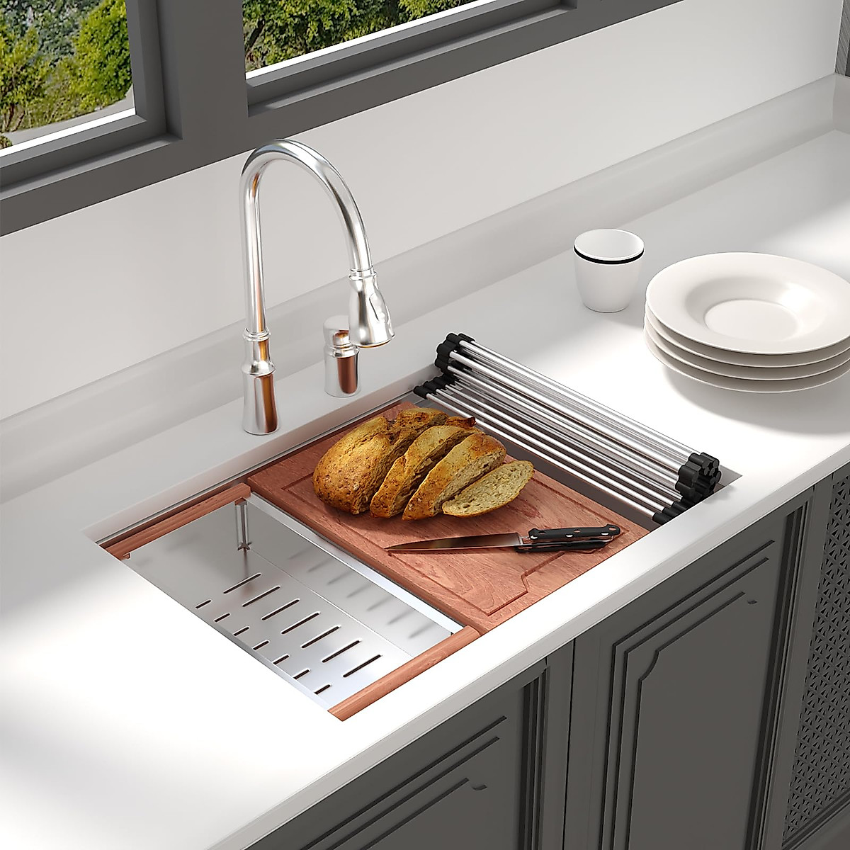 27 Undermount Kitchen Sink - LORDEAR 27x19 Inch 16 Gauge Stainless Steel Kitchen Sinks Under Counter Ledge Workstation Single Bowl Basin