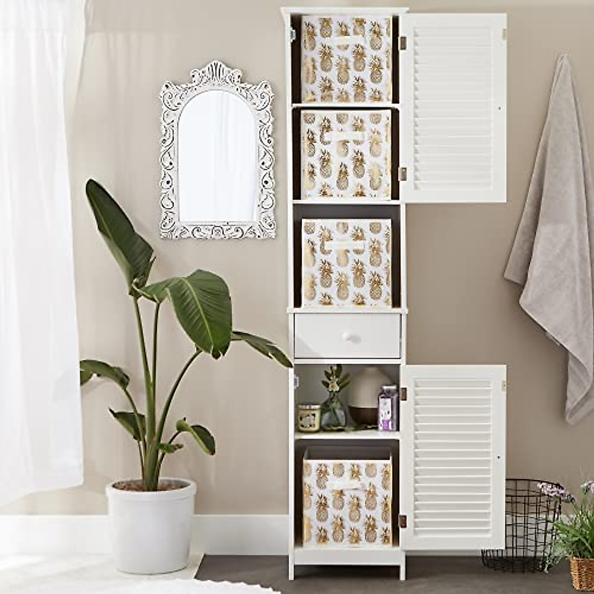 DII Non Woven Polyester Storage Bin, Metallic Pineapple, White & Gold, Small Set of 4