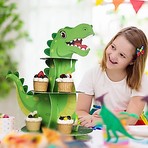 Censen 3 Tier Dinosaur Cupcake Stand Party Decorations Dinosaur Theme Cupcake Holder Decorations Dinosaur Dessert Tower for Kids Dinosaur Jungle Theme Party Birthday Supplies (Lovely)