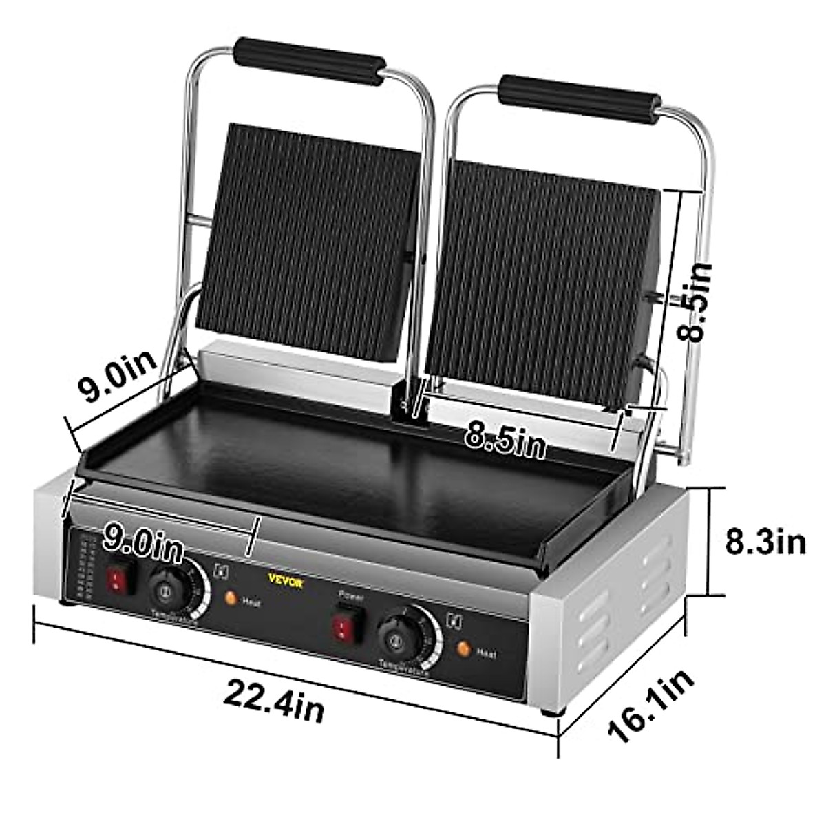 Happybuy Commercial Sandwich Panini Press Grill,110V 2x1800W Double Up Grooved and Down Flat Plates Electric Stainless Steel Sandwich Maker,Temperature Control 122°F-572°F for Hamburgers Steaks Bacons